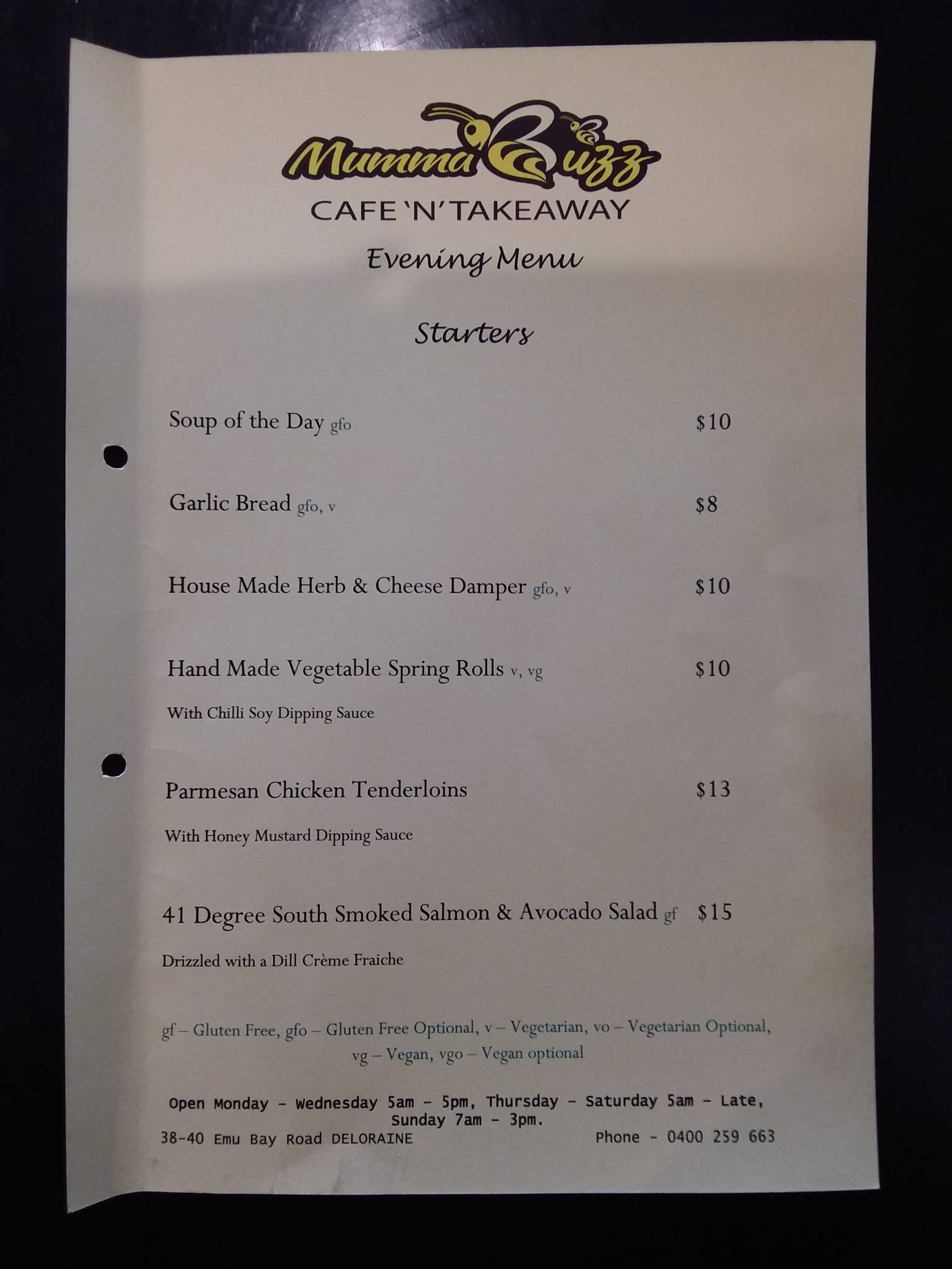 Menu at Mumma Buzz Cafe 'N' Takeaway, Deloraine