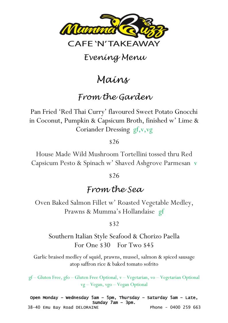 Menu at Mumma Buzz Cafe 'N' Takeaway, Deloraine