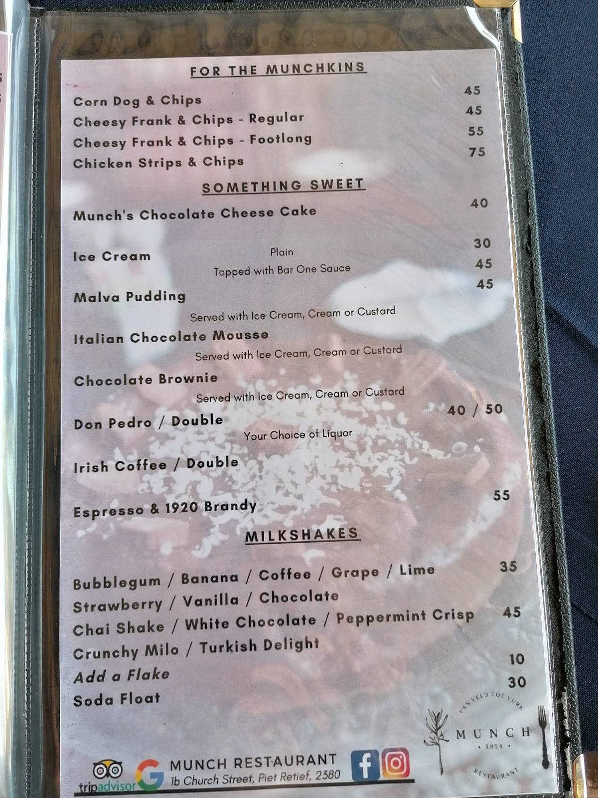 Menu at Munch Restaurant, Piet Retief