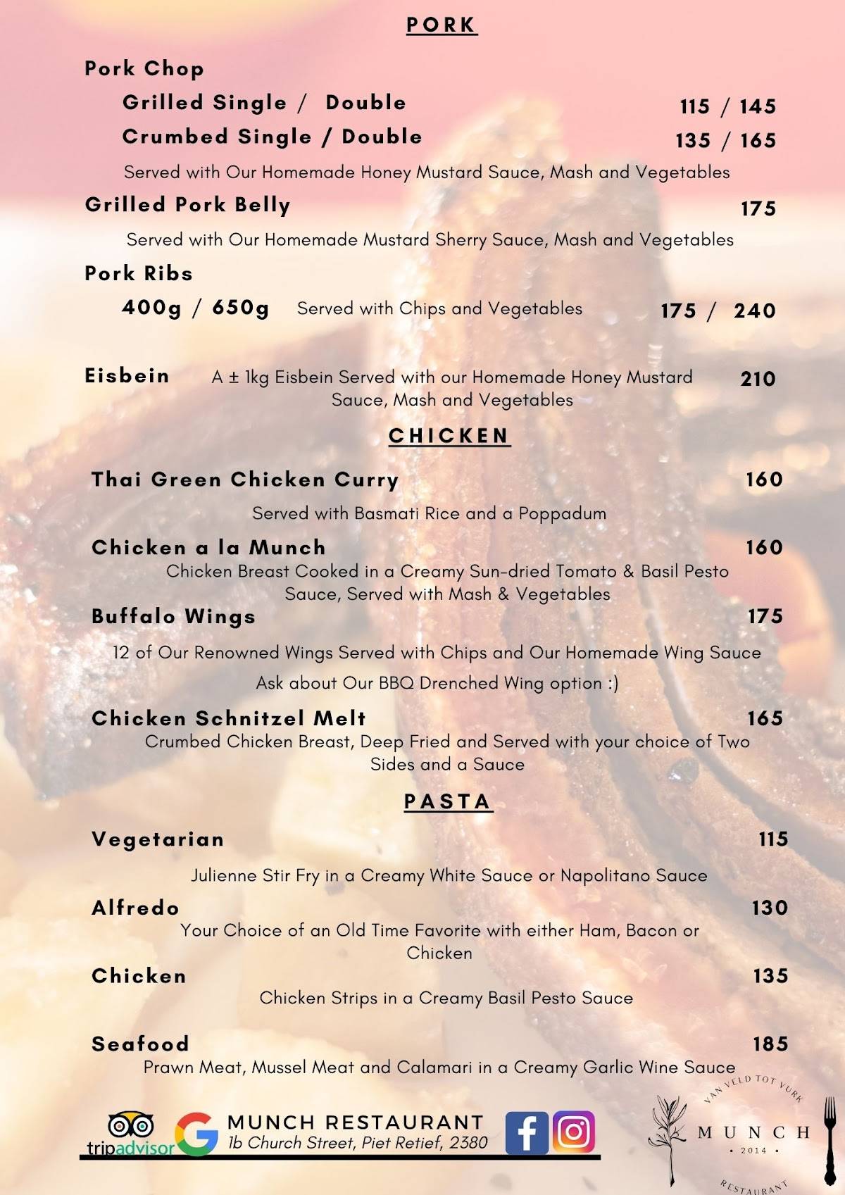 Menu at Munch Restaurant, Piet Retief