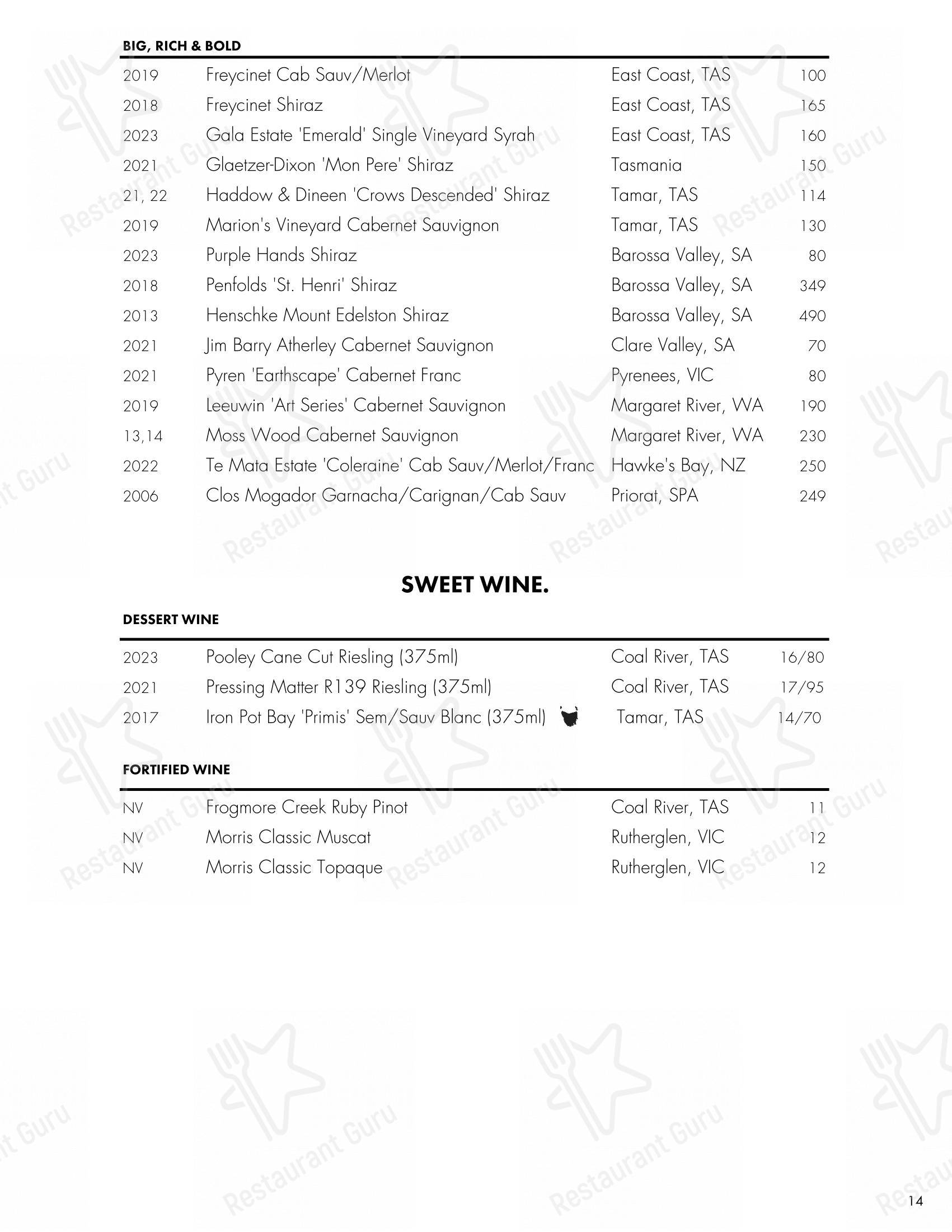 Menu at Mures Upper Deck restaurant, Hobart