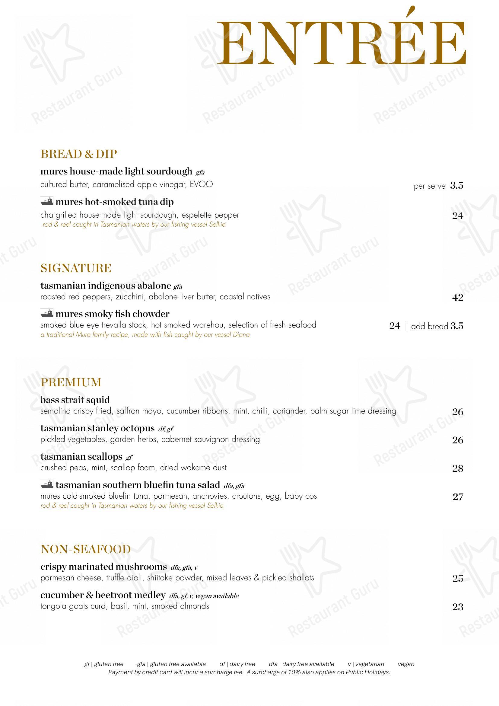 Menu at Mures Upper Deck restaurant, Hobart