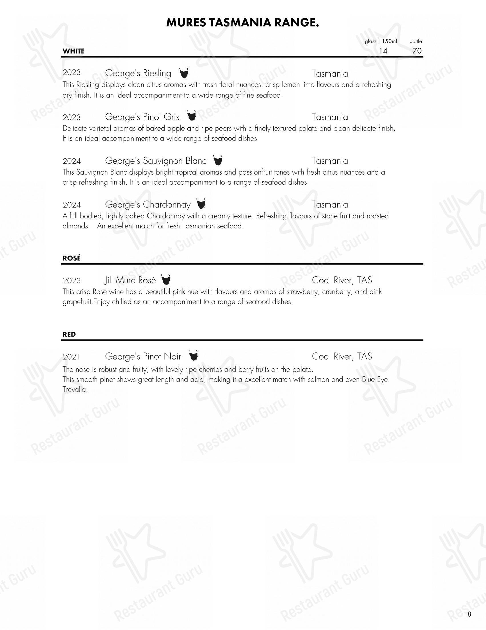Menu at Mures Upper Deck restaurant, Hobart