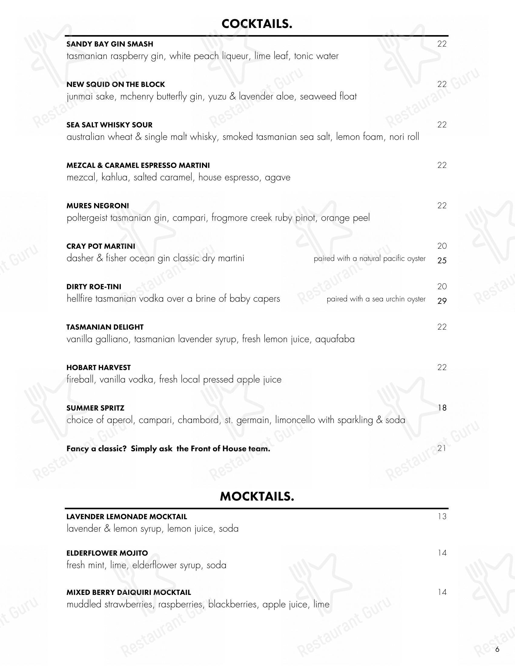 Menu at Mures Upper Deck restaurant, Hobart