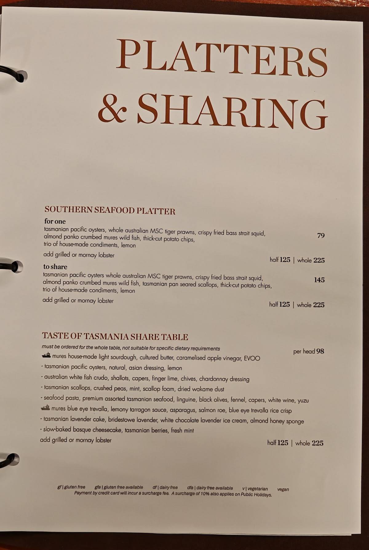 Menu at Mures Upper Deck restaurant, Hobart
