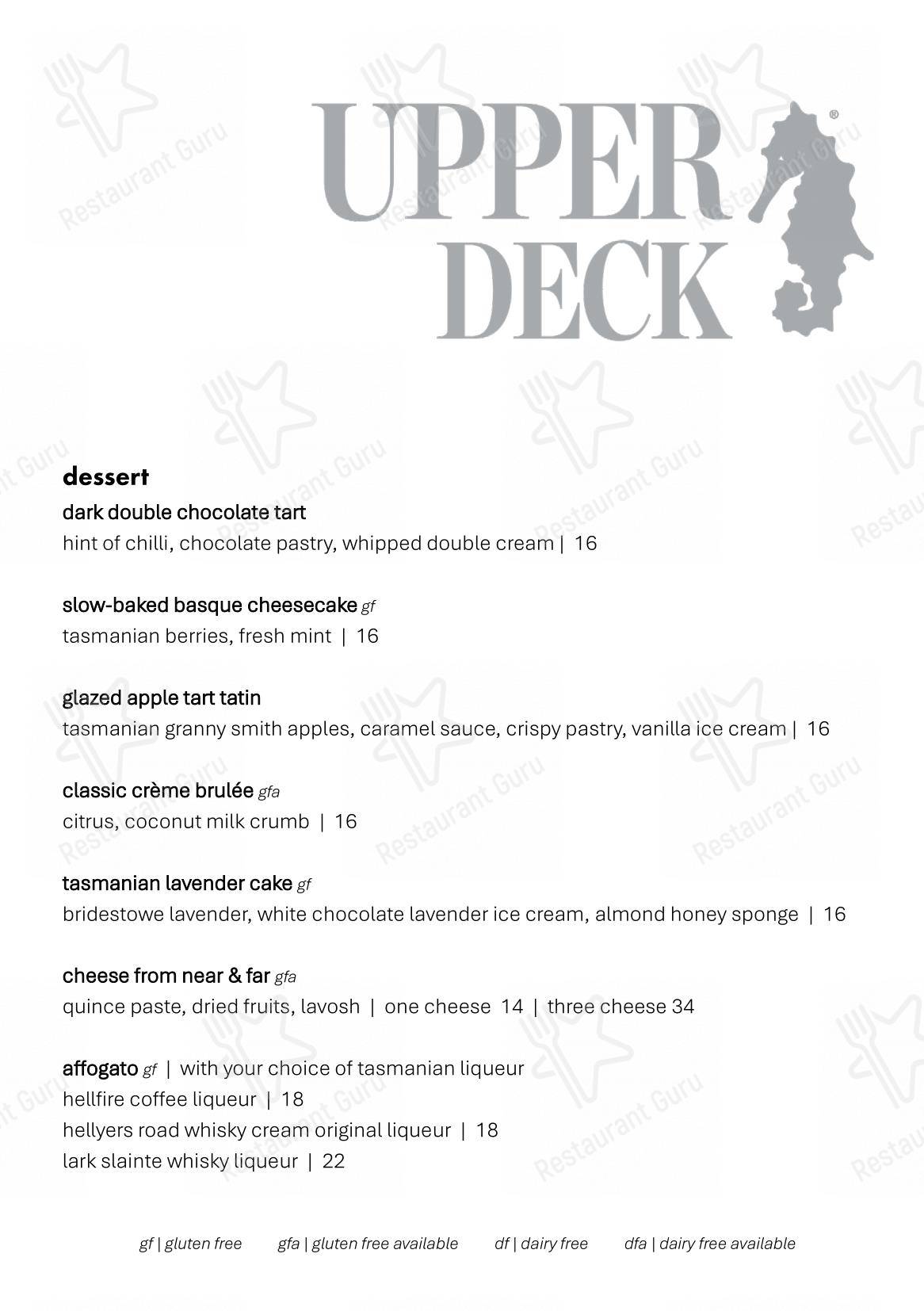 Menu at Mures Upper Deck restaurant, Hobart
