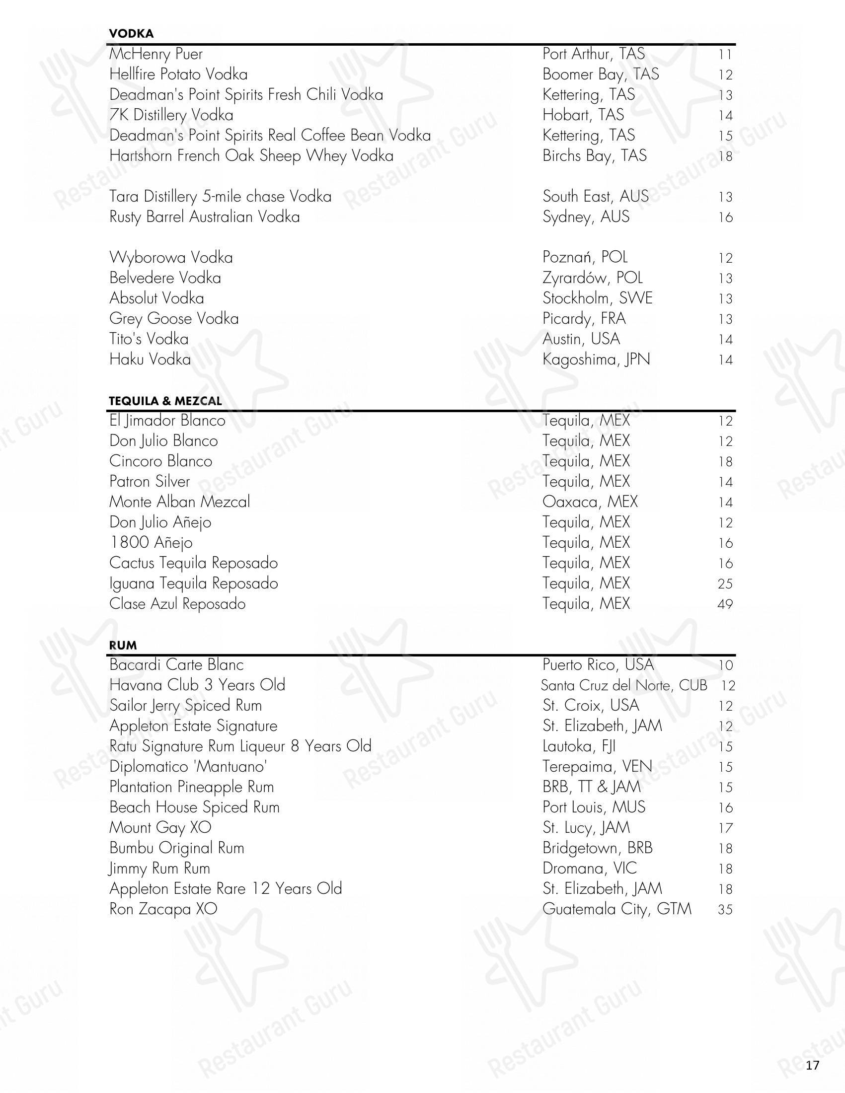Menu at Mures Upper Deck restaurant, Hobart