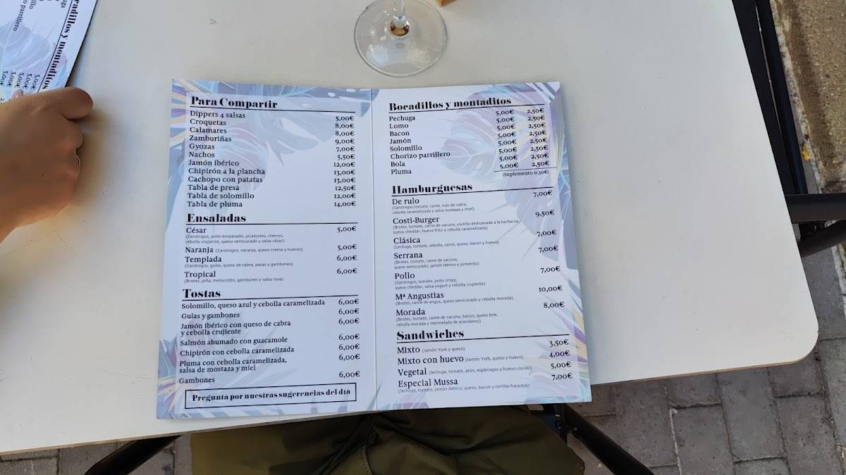Carta del pub y bar Mussa, Alba del Tormes