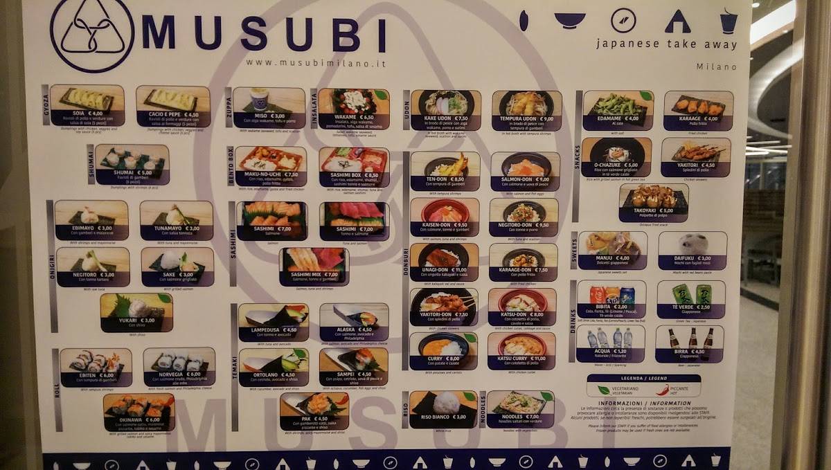 Menu at Musubi restaurant, Milan, Piazza Gae Aulenti