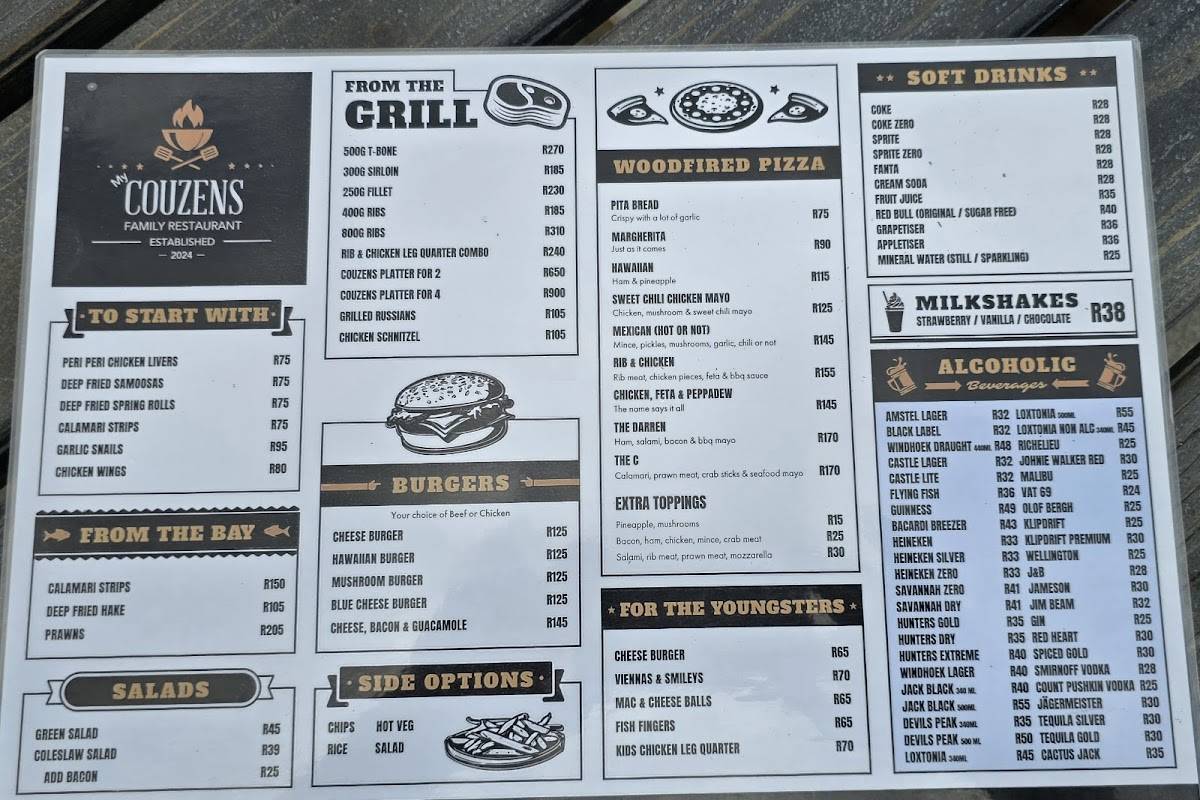 Menu at My Couzens Family Restaurant, Cape Town, 35 Beach Rd