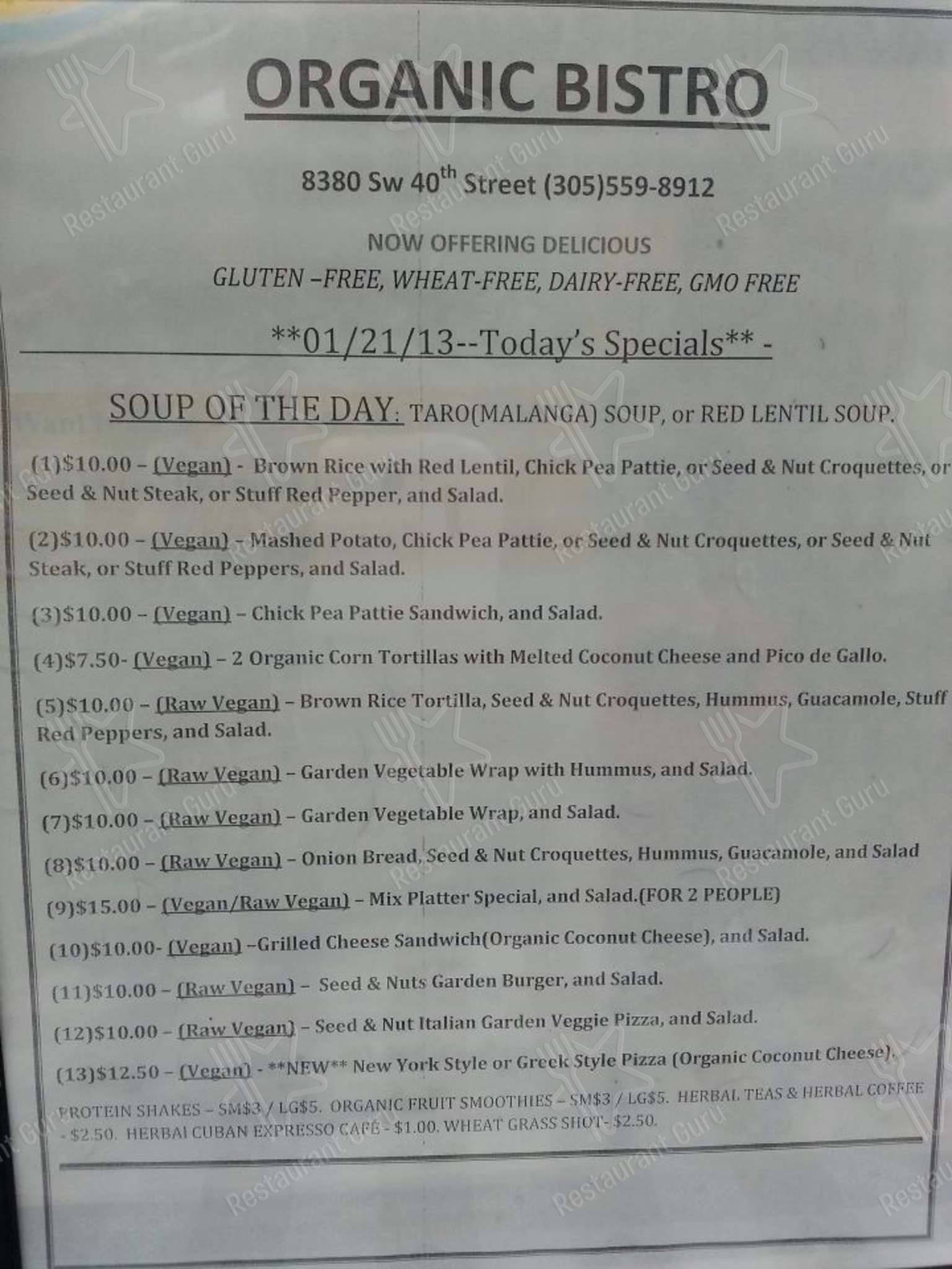 Menu at My Little Organic Bistro restaurant, Miami