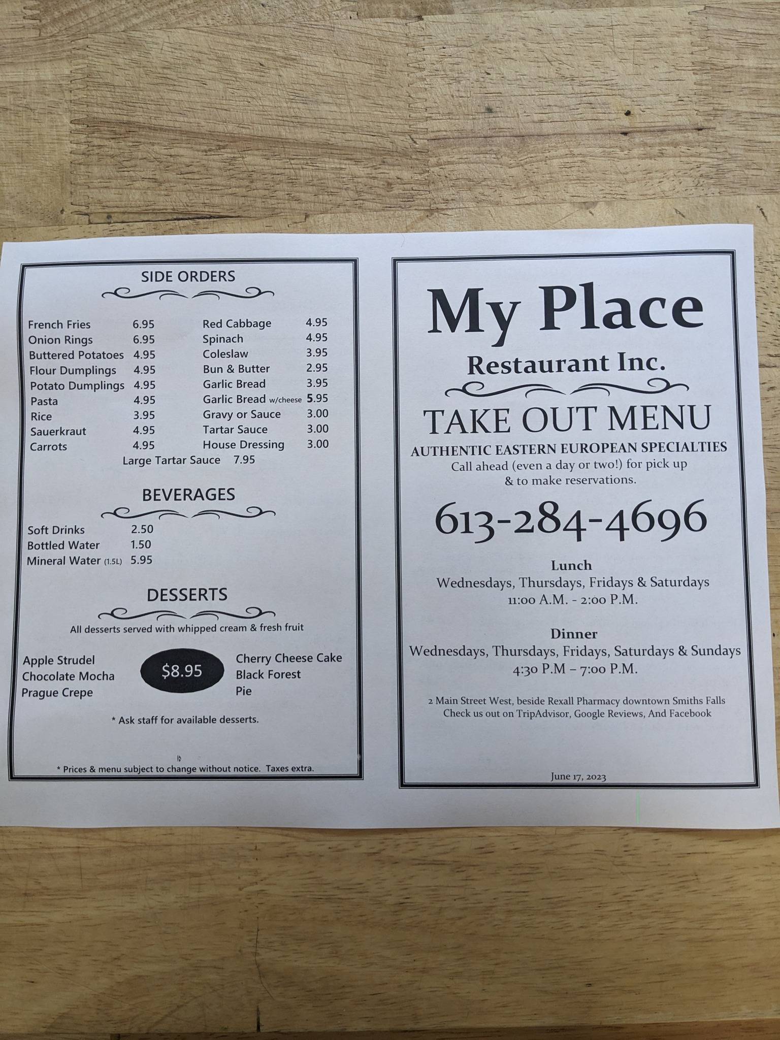Menu at My Place Restaurant, Smiths Falls