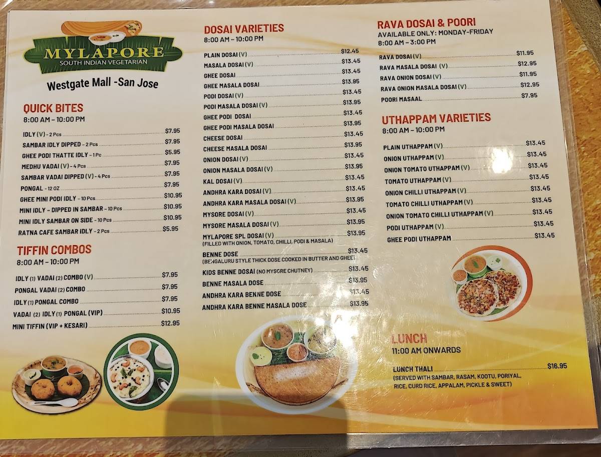 Menu at Mylapore South Indian Westgate restaurant, San Jose