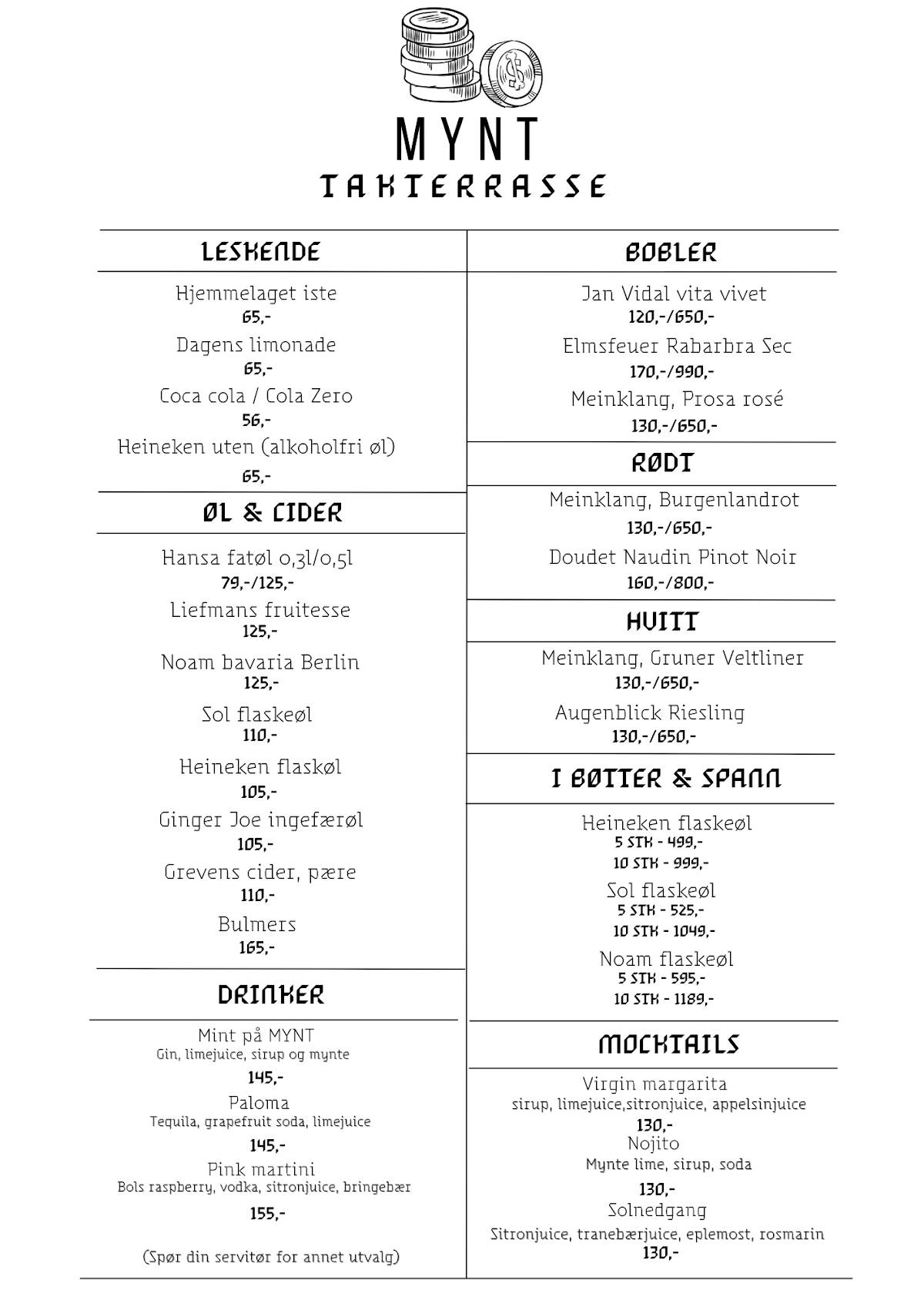 Menu at Mynt Takterrasse pub & bar, Oslo