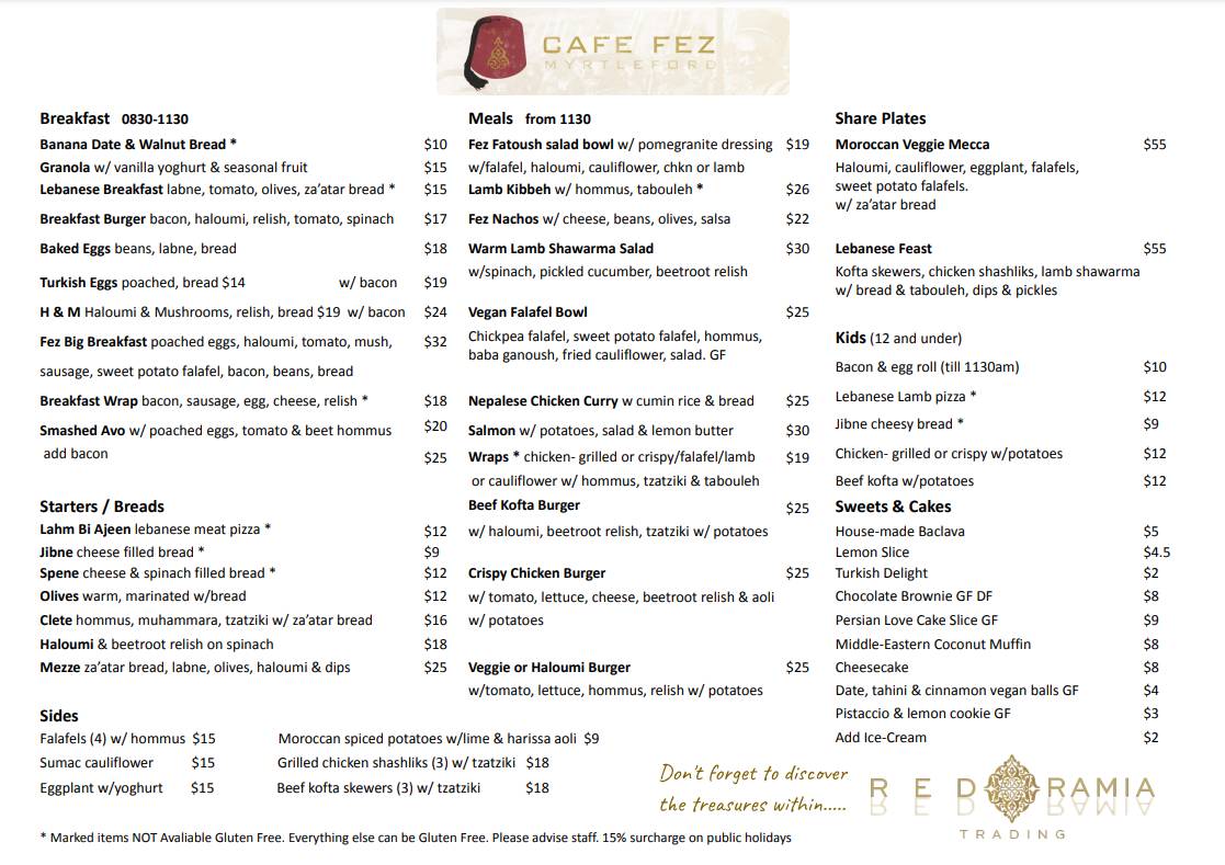 Menu at Cafe Fez Myrtleford, Myrtleford, 145 Great Alpine Rd