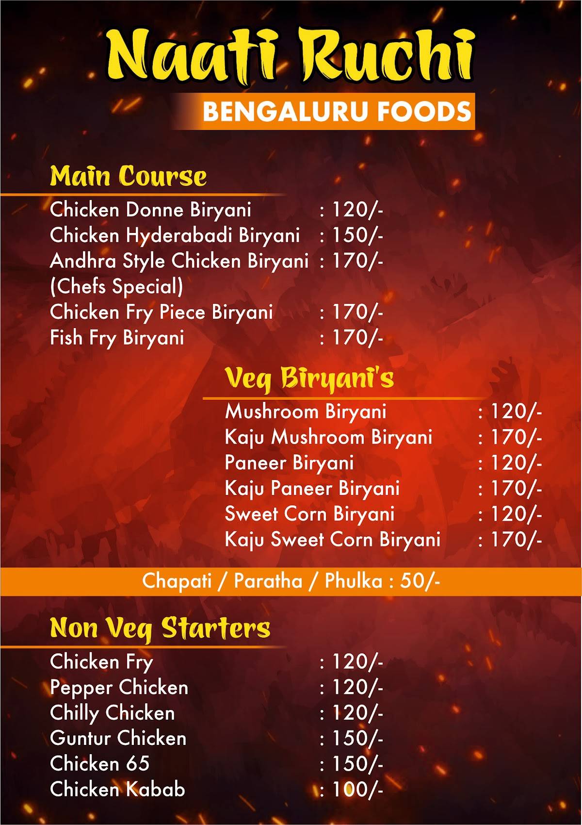 Menu at NAATI RuChi, Bengaluru, no 19/2