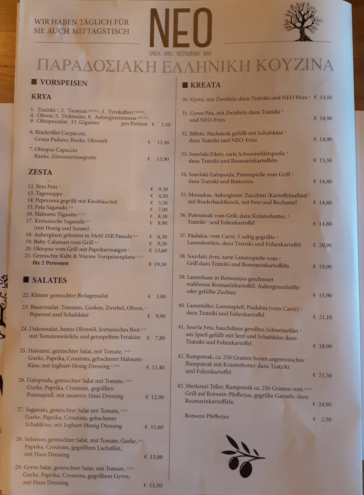 Speisekarte von NEO Greek Grill Bar, Bruchsal