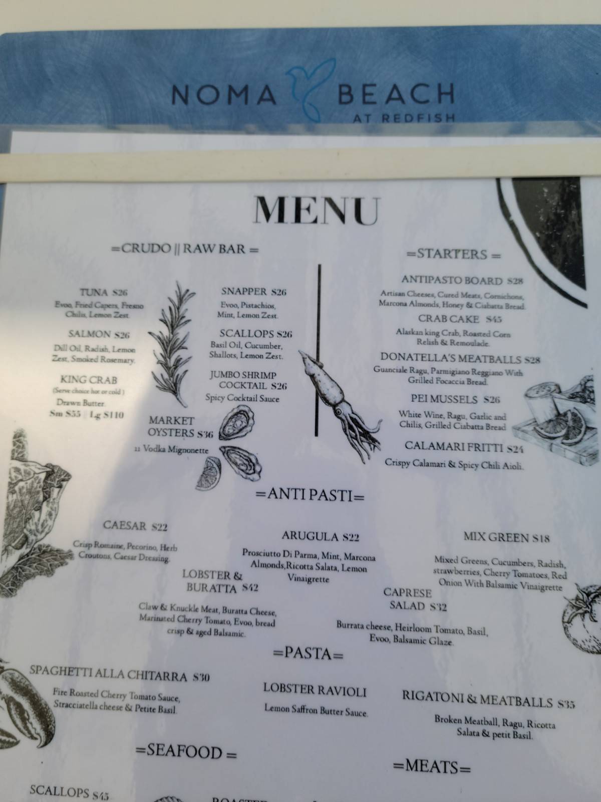 Menu at NOMA Beach at Redfish restaurant, Coral Gables, Old Cutler Rd