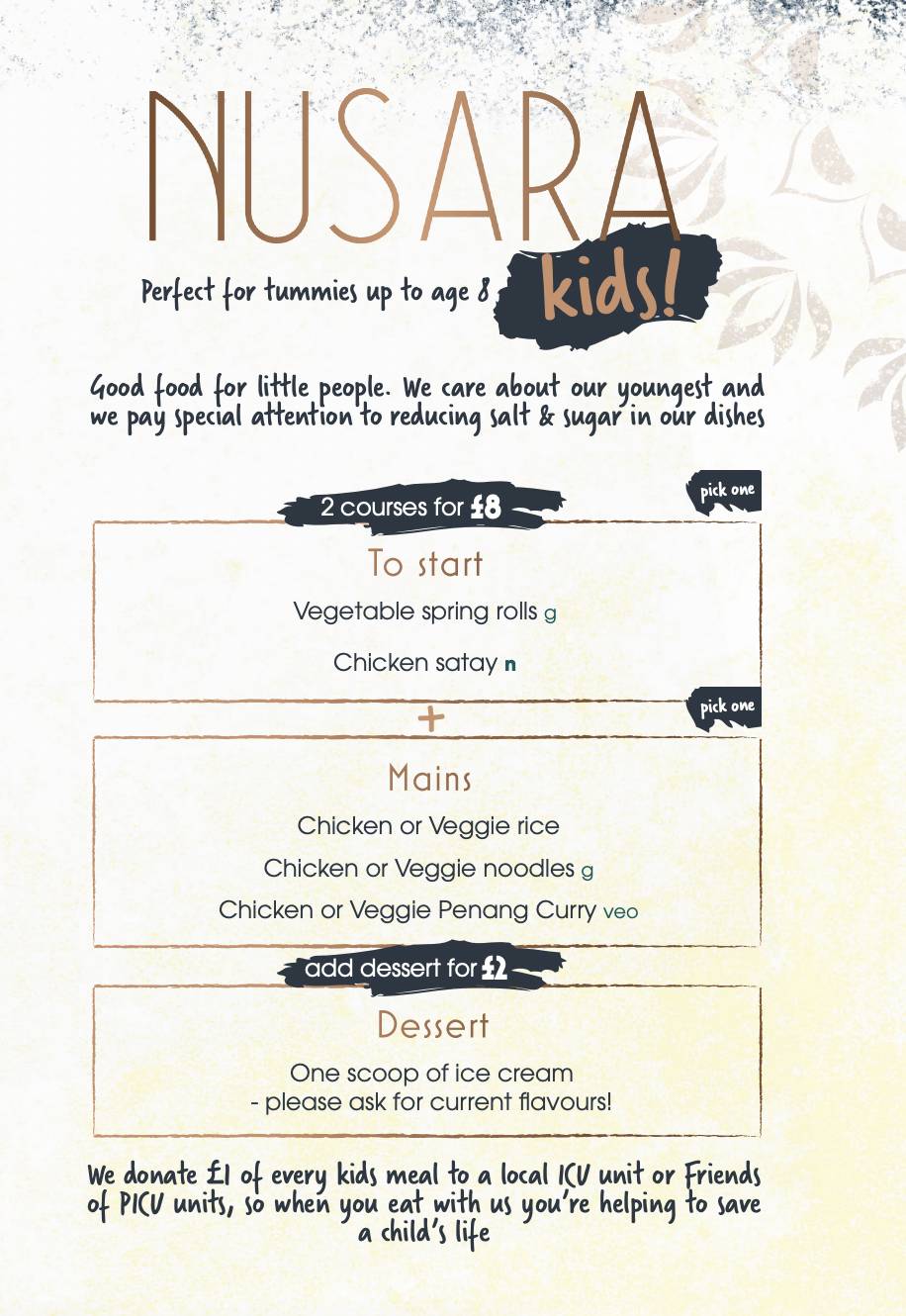 Menu at NUSARA Thai restaurant, Wimborne Minster