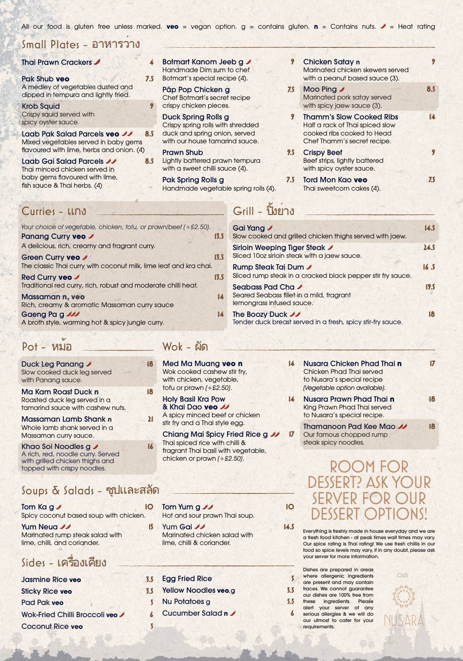 Menu at NUSARA Thai restaurant, Wimborne Minster