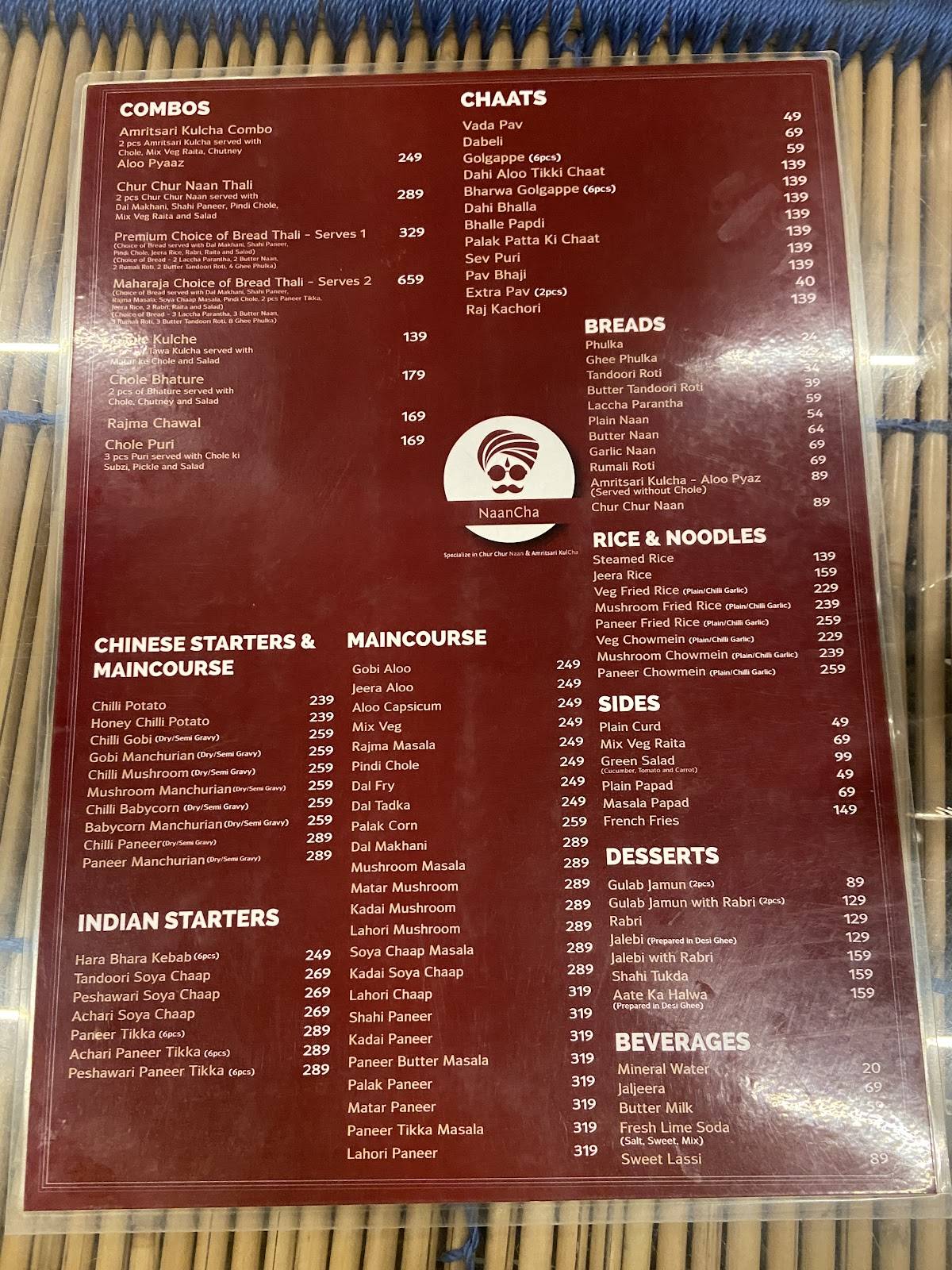 Menu at NaanCha, Bengaluru