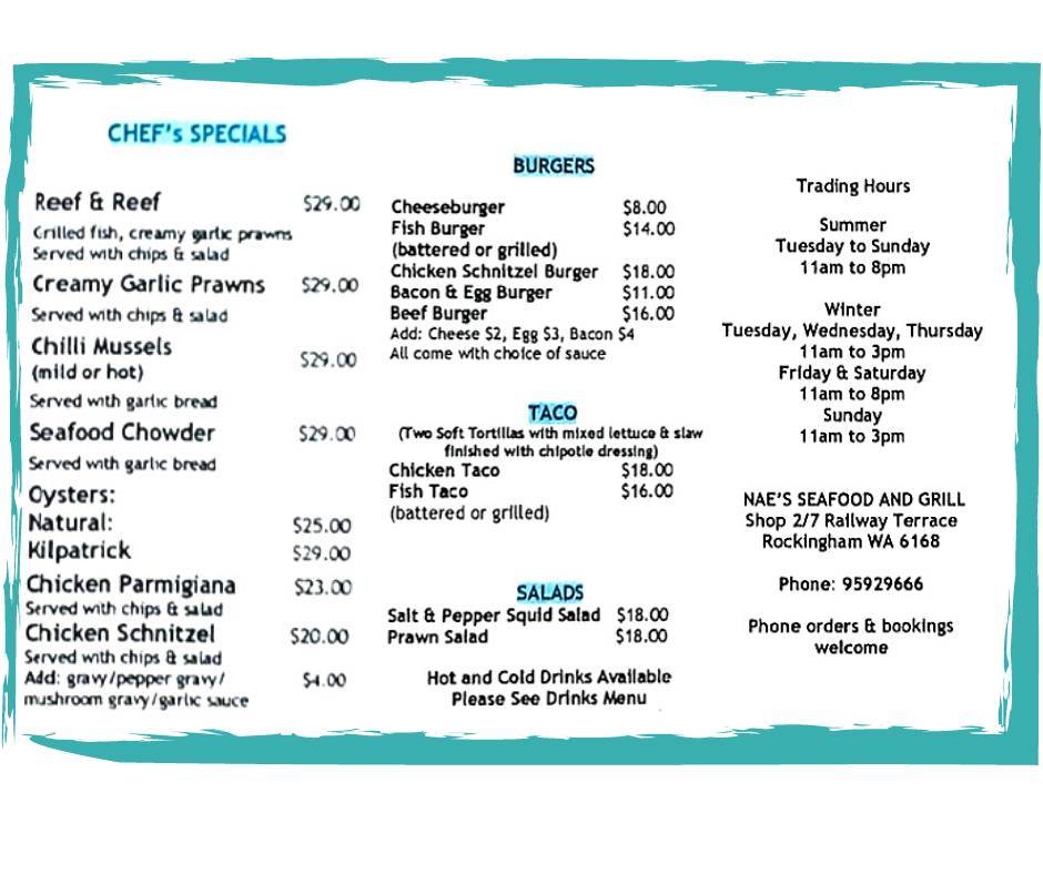 Menu at Nae’s Seafood & Grill restaurant, Rockingham