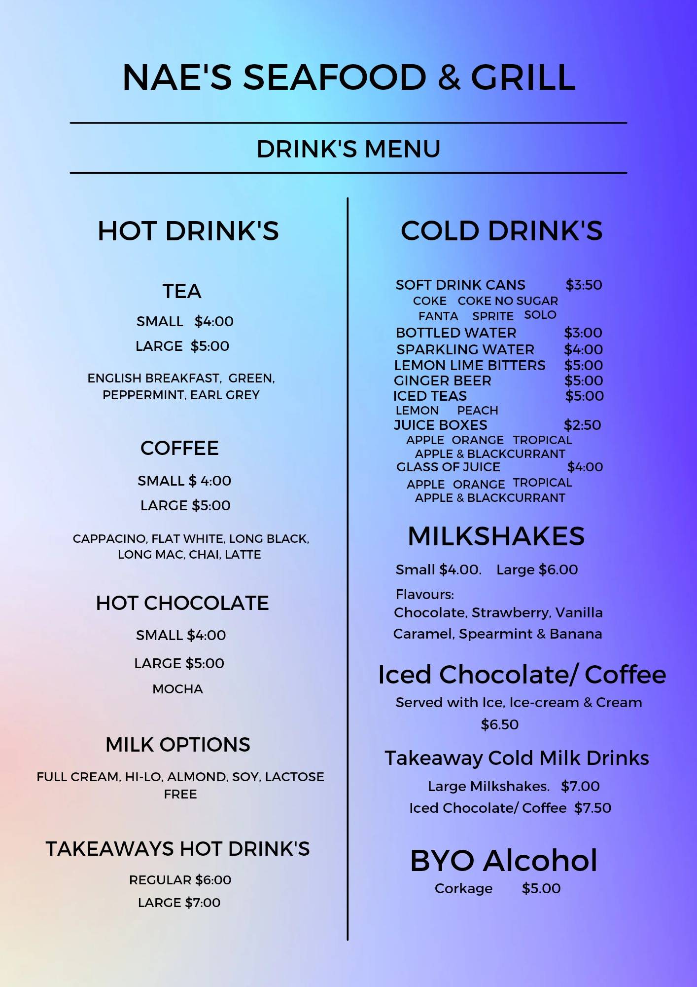 Menu at Nae’s Seafood & Grill restaurant, Rockingham