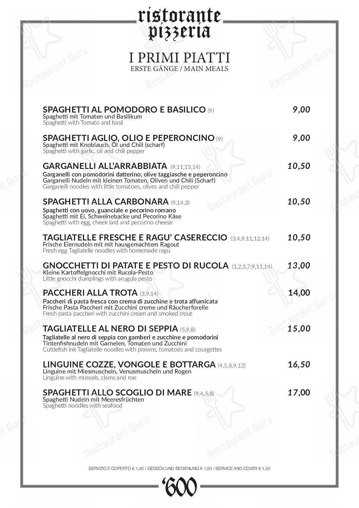 Menu au Ristorante Pizzeria 600, Nago-Torbole