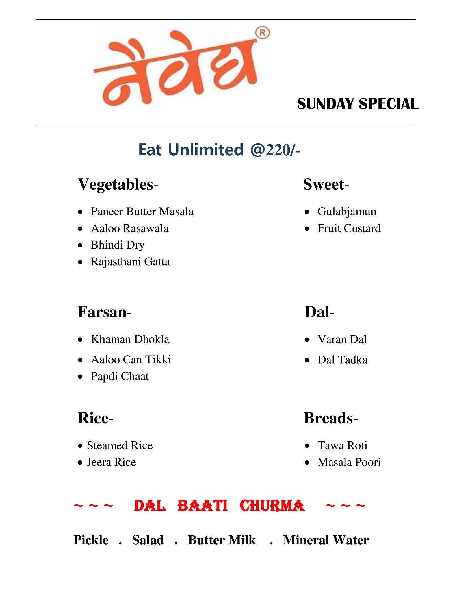 Menu at Naivedya Thali, Raipur, 6JVM+39J Agrawal's Dine Fine