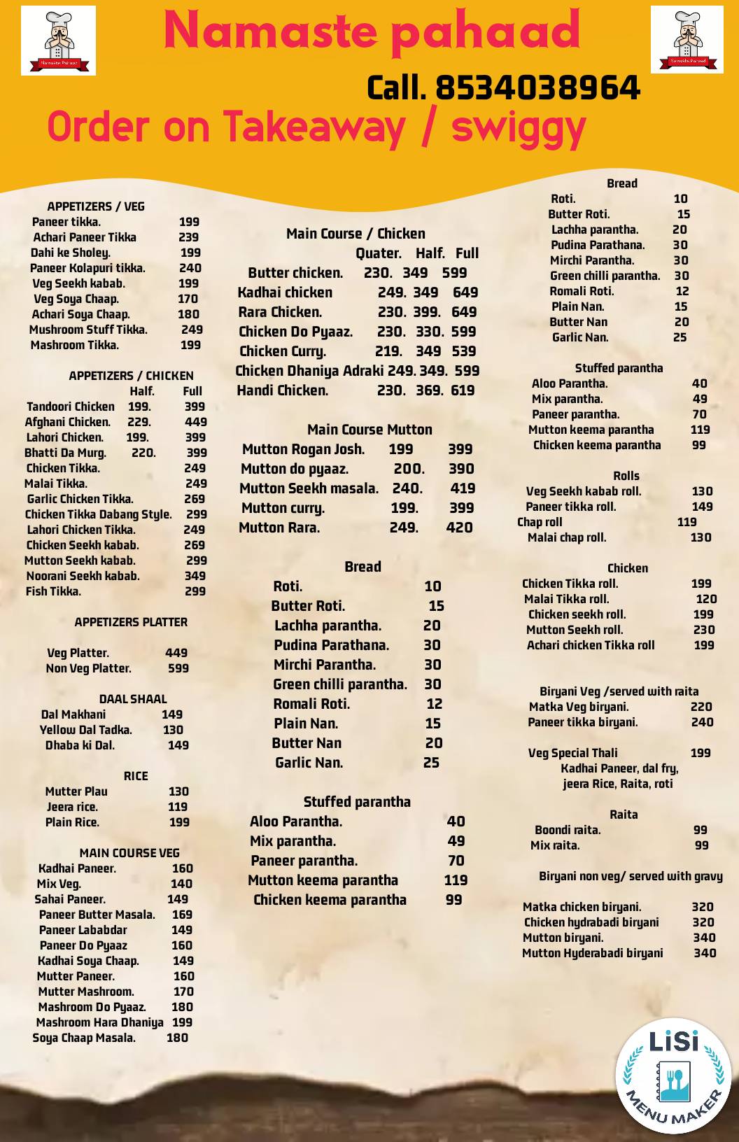 Menu at Namaste Pahaad, Gurugram