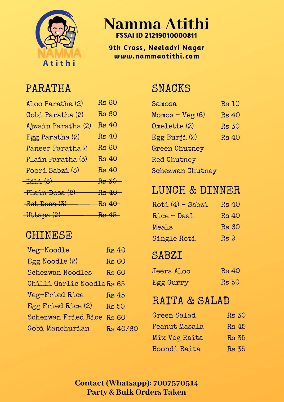 Menu at Namma Atithi - Truly North Indian Flavor, Bengaluru, Site No. 486