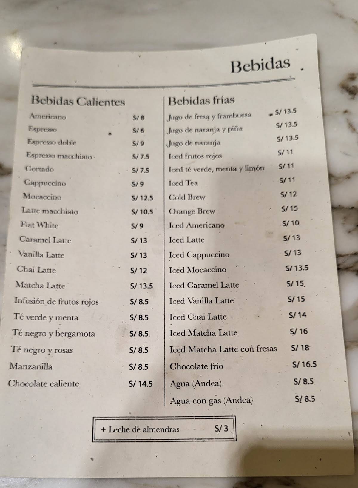 Carta de Napoléon Café, San Isidro