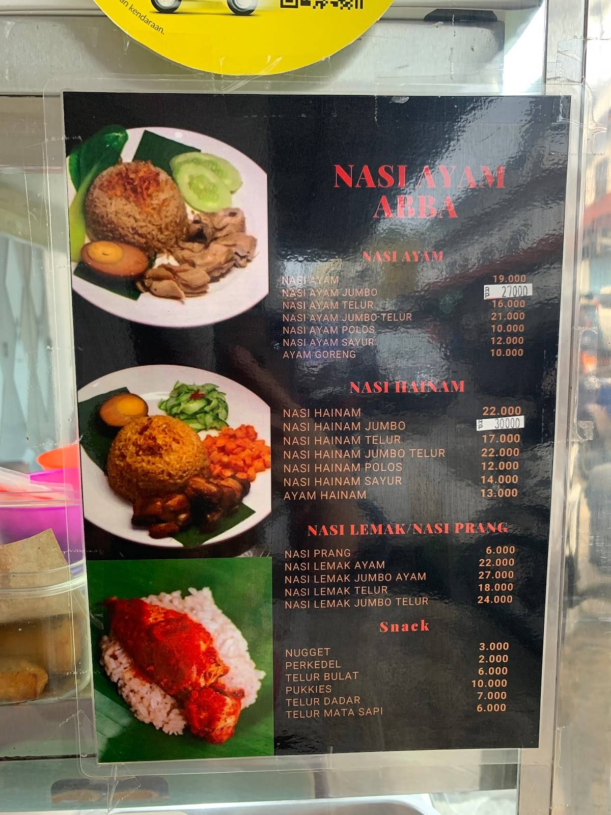 Menu at Nasi Ayam ABBA restaurant, Pematangsiantar