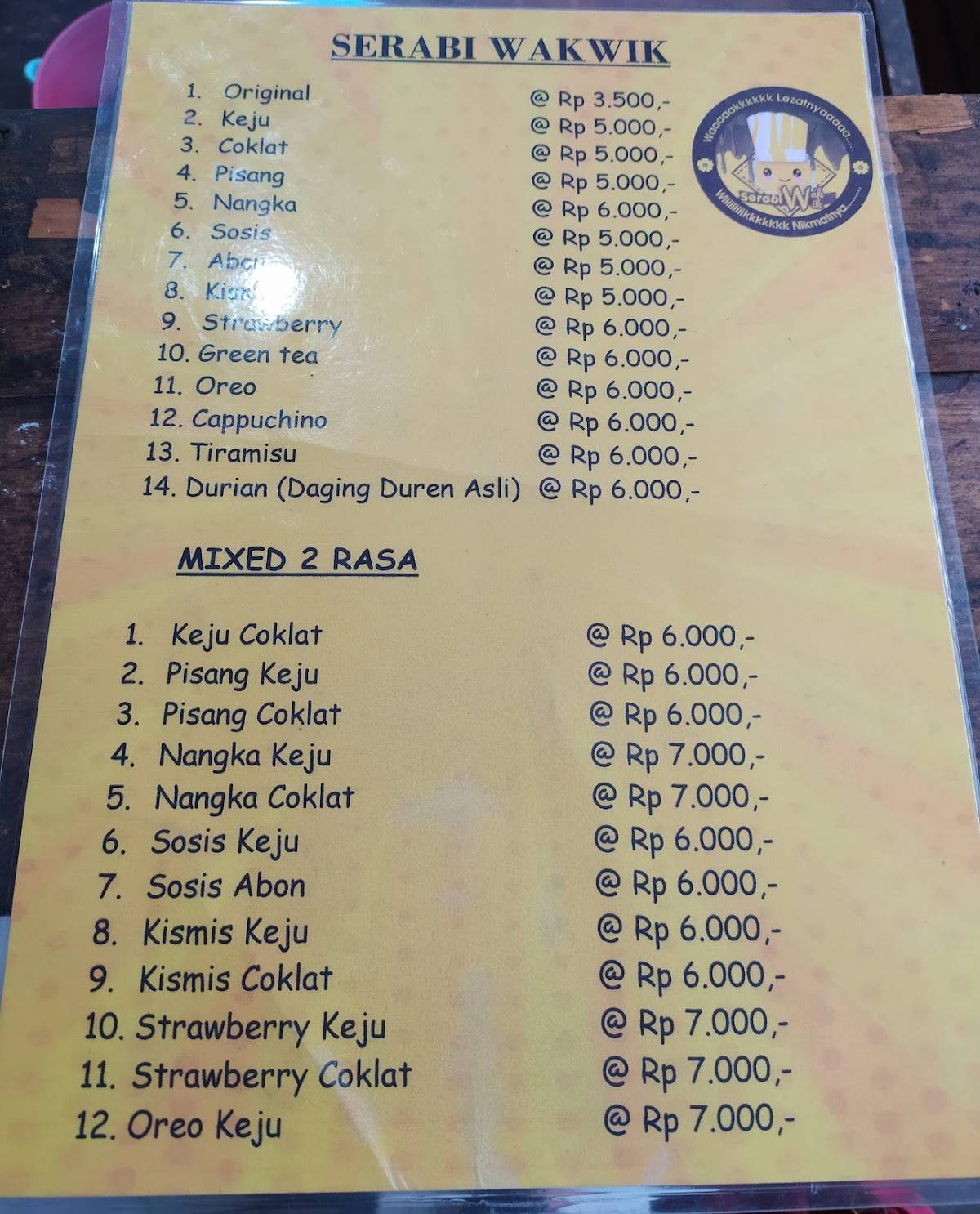 Carta del restaurante Serabi gulung WAKWIK, Indonesia