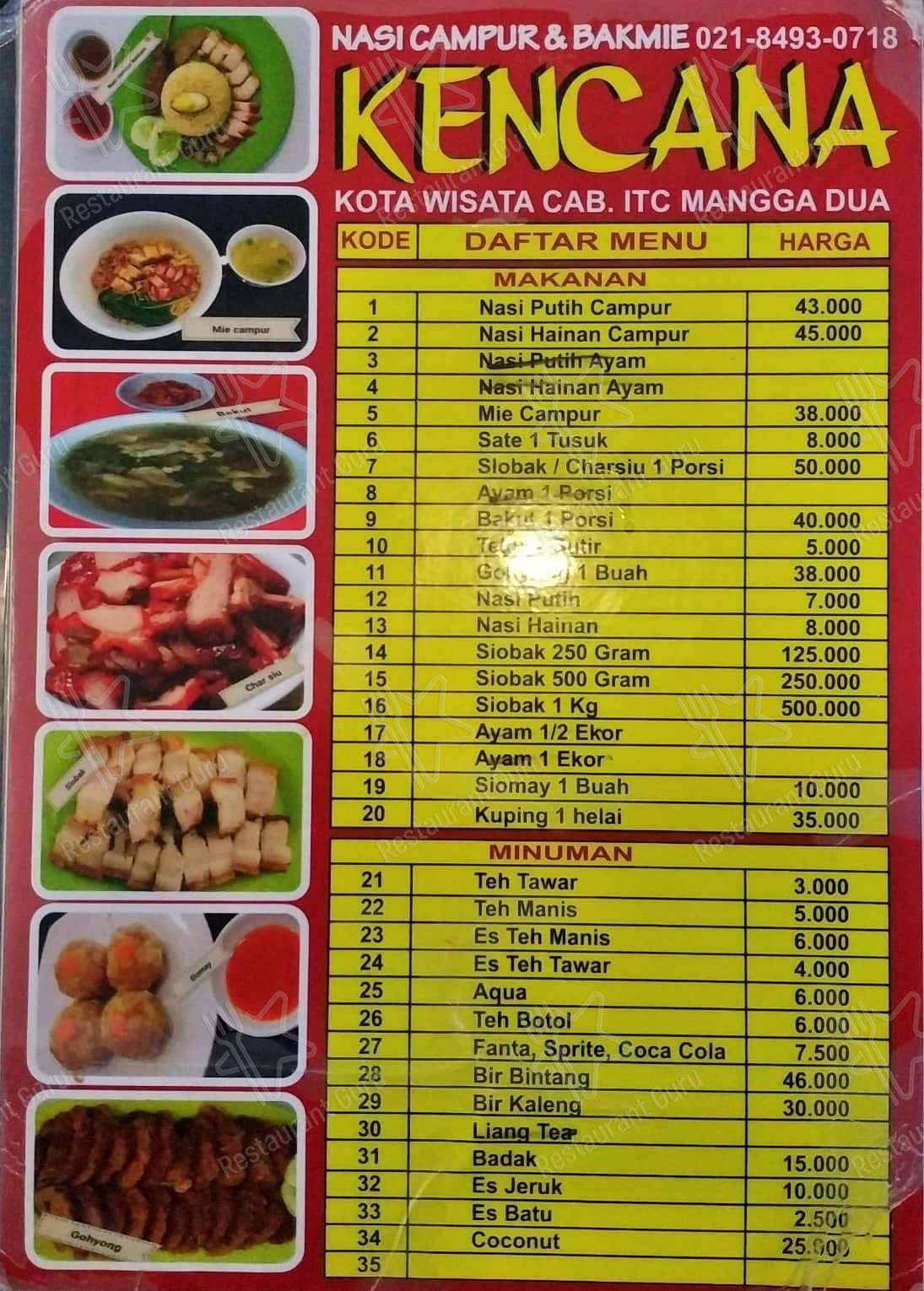 Carta del restaurante Nasi Campur Kencana Sunter, Yakarta, TOP Foodcourt
