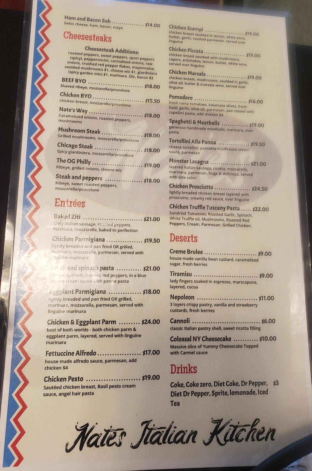 Menu at Nate's Italian Kitchen restaurant, Tucson