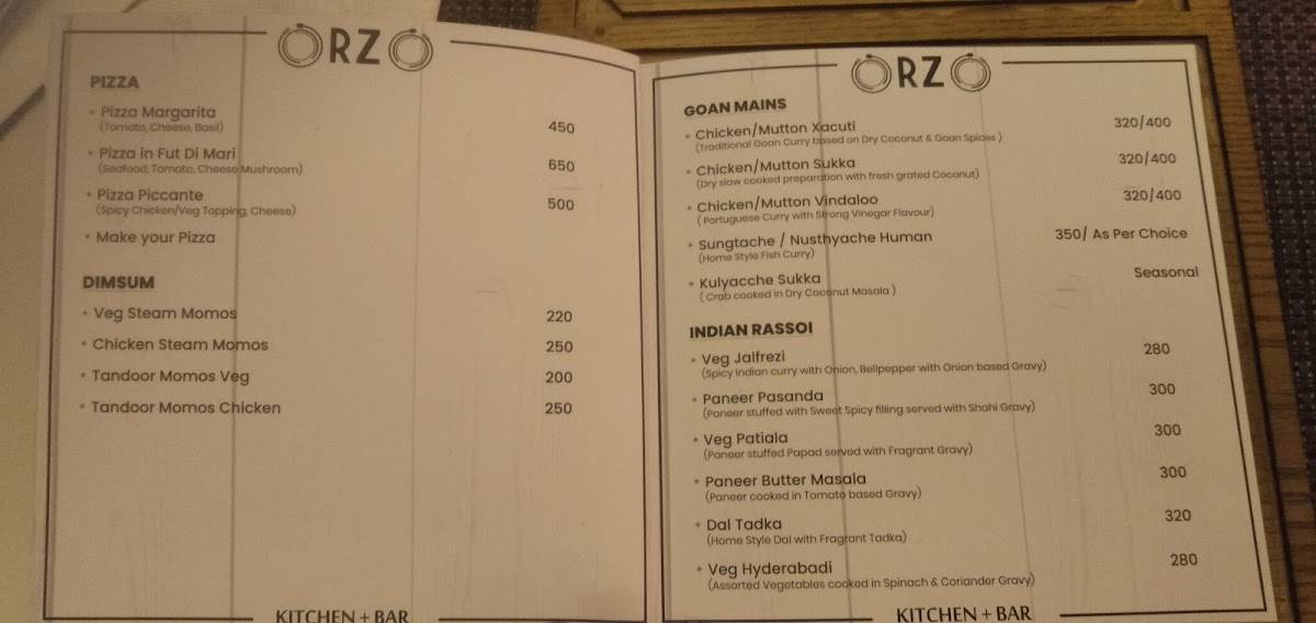 Menu at Orzo, Telaulim