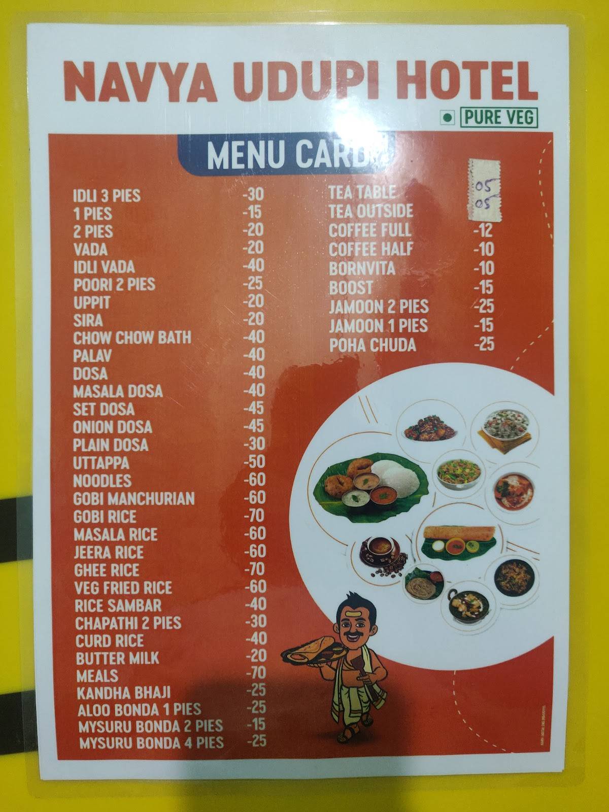 Menu at Navya Udupi Hotel, Sindhanur