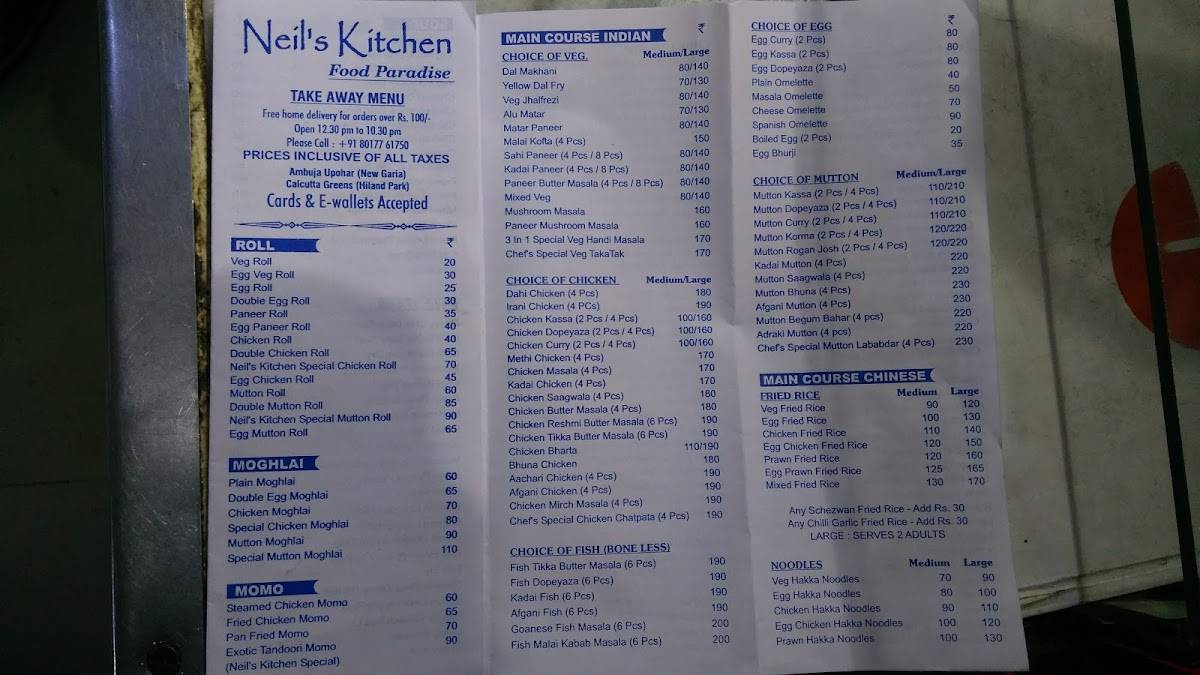 Menu at Neil's Kitchen (Restaurant &Bar), Kolkata, Shop # UPTC 0023