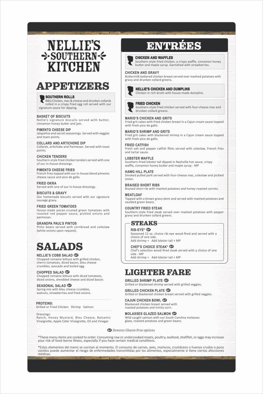 Menu at Nellie's Southern Kitchen restaurant, Las Vegas