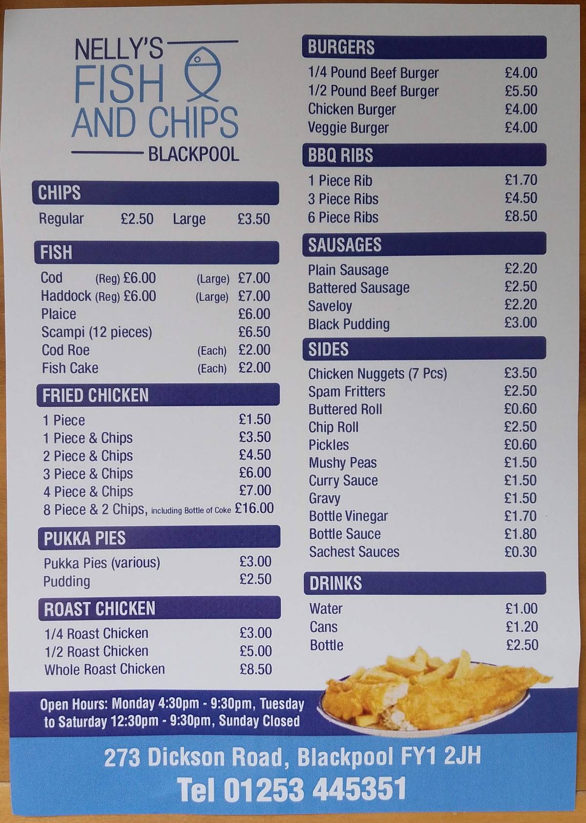 Menu at Nelly's Fish Chicken & Ribs restaurant, Blackpool
