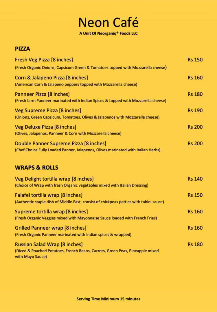 Menu at Neon Cafe, Hyderabad