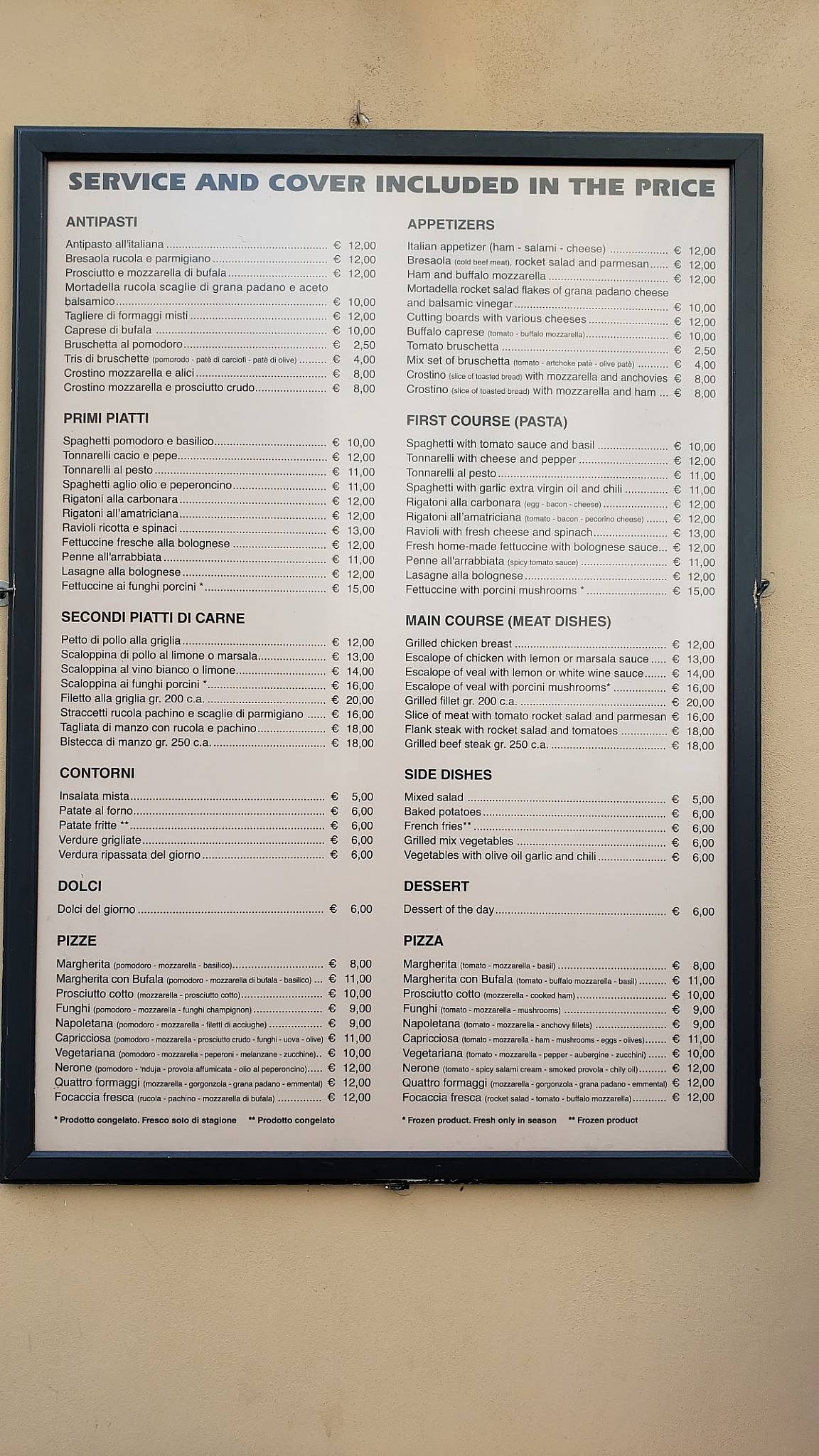Menu at Nerone pizzeria, Rome, Via del Viminale