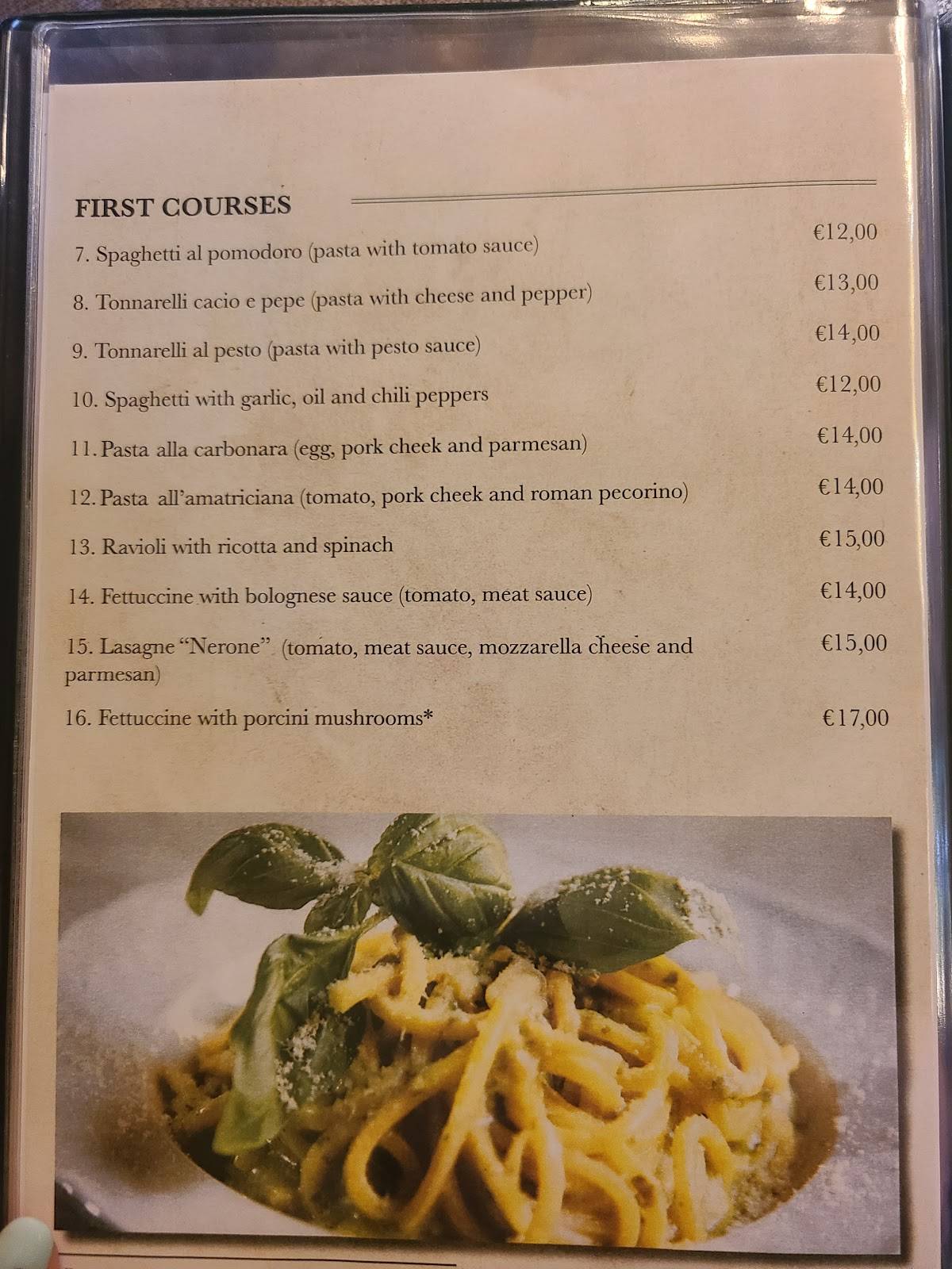 Menu at Nerone pizzeria, Rome, Via del Viminale