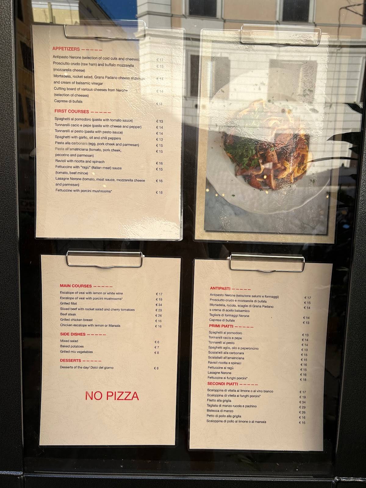 Menu at Nerone pizzeria, Rome, Via del Viminale