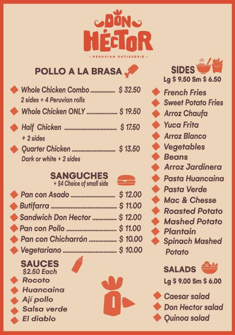 Menu at Don Hector Peruvian Rotisserie restaurant, New Britain