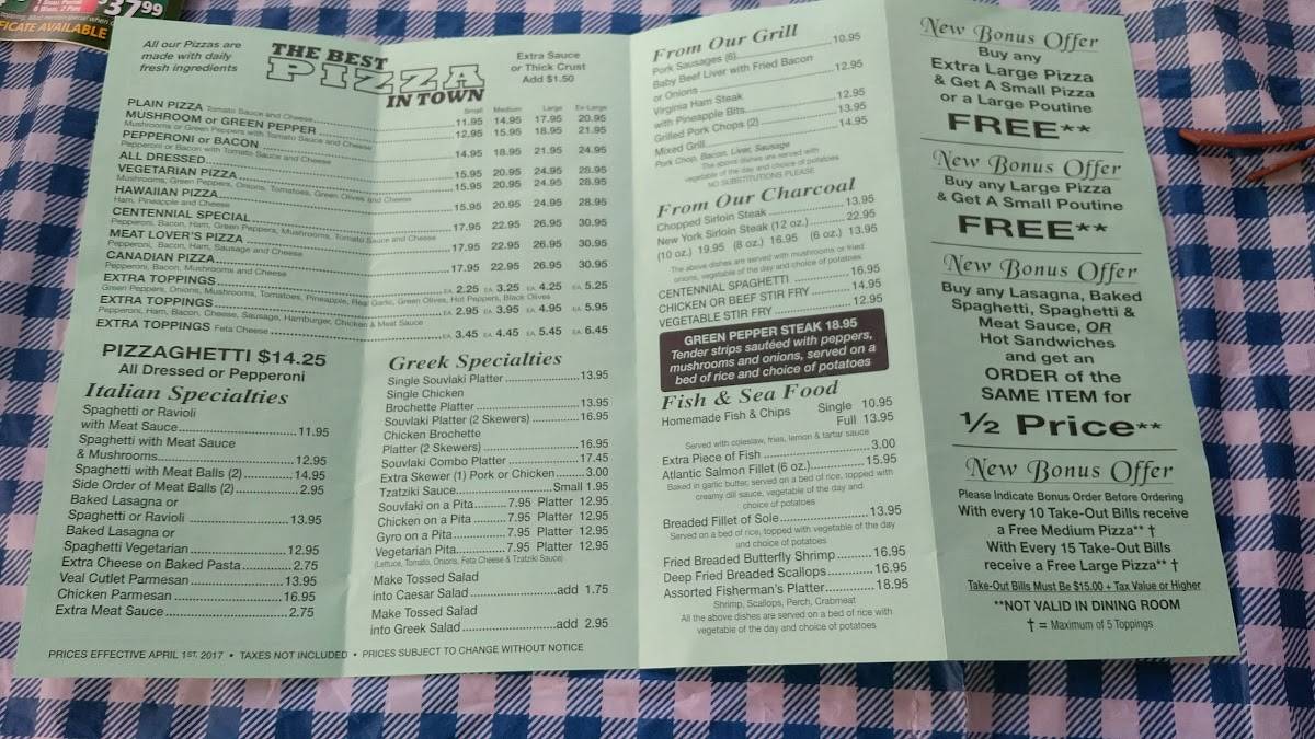 Menu at New Centennial Restaurant & Dining Lounge, Morrisburg
