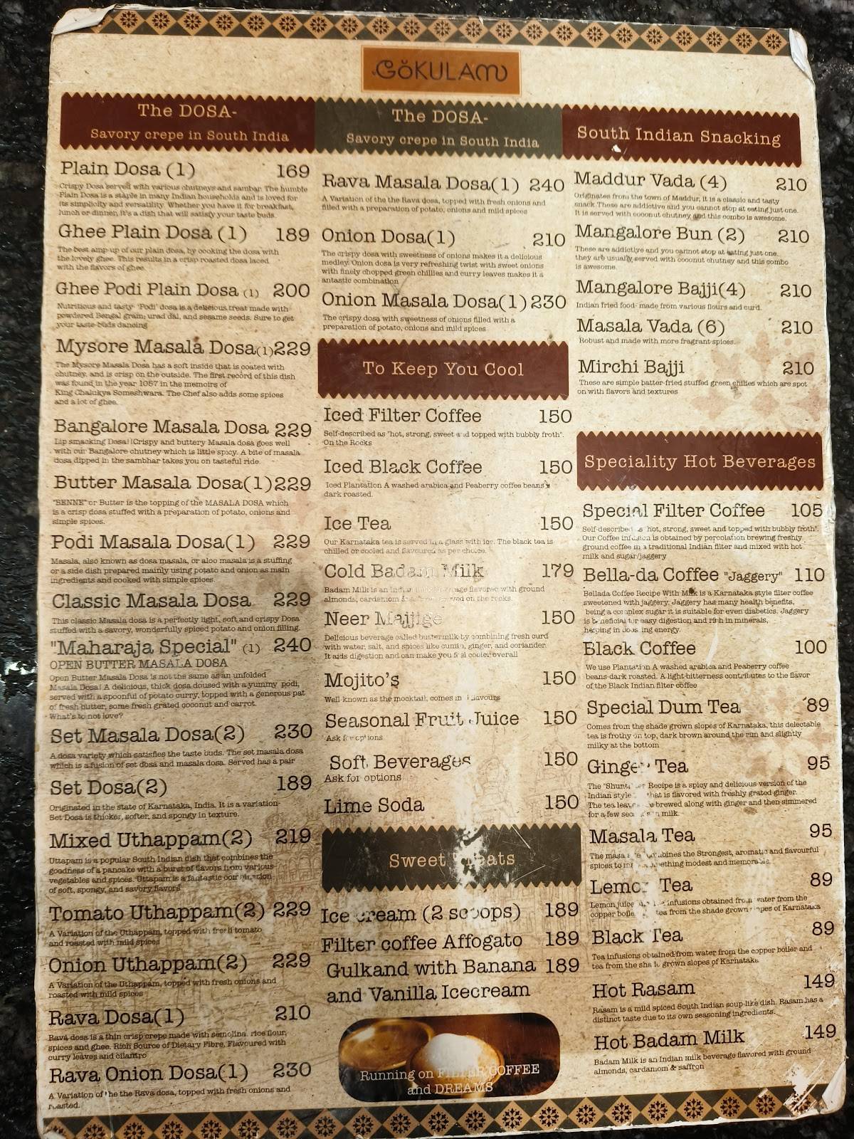 Menu at Gokulam South Indian Restaurant, New Delhi