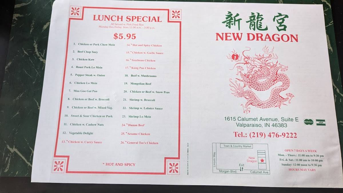 Menu at New Dragon restaurant, Valparaiso