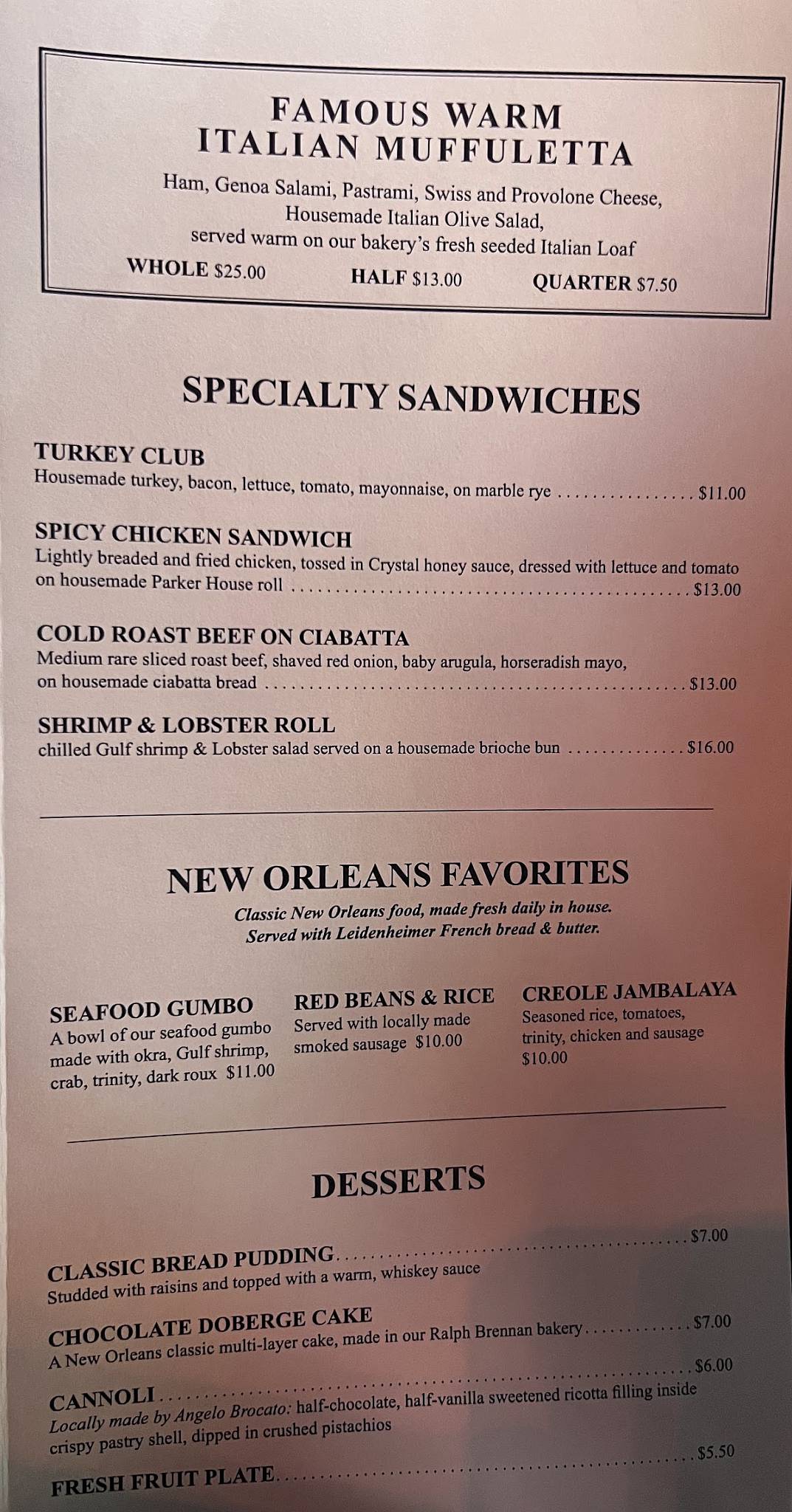 Menu at Napoleon House pub & bar, New Orleans